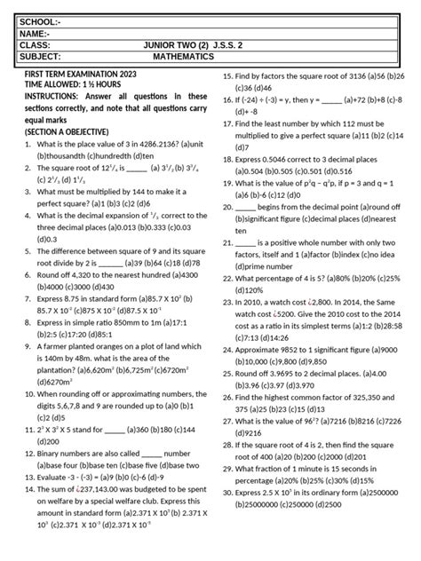 Mathematics Jss2 Exam 1st Term Pdf Significant Figures Numbers