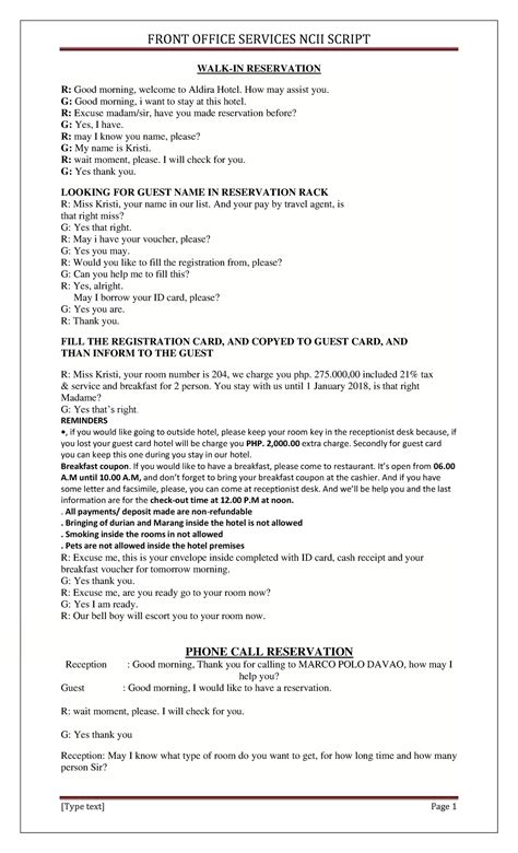 Pdfcoffee Script FRONT OFFICE SERVICES NCII SCRIPT Type Text Page