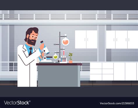 Male Scientist Working With Microscope In Vector Image