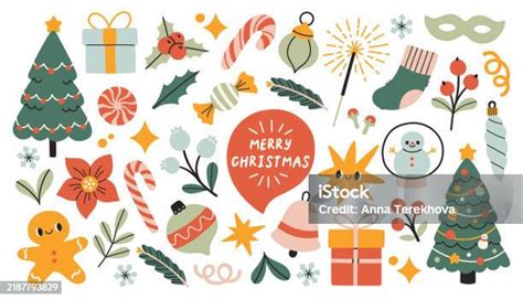 귀여운 크리스마스 세트입니다 새해 장식 손으로 그린 요소 모음 스크랩북 인사말 카드 파티 초대장 포스터 스티커에 적합합니다 0명에 대한 스톡 벡터 아트 및 기타 이미지