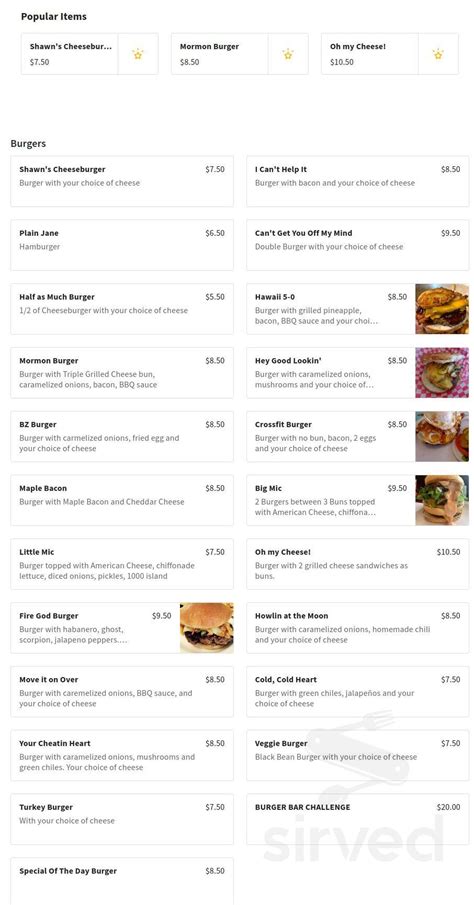 Burger Bar Menu In Bristol Virginia Usa