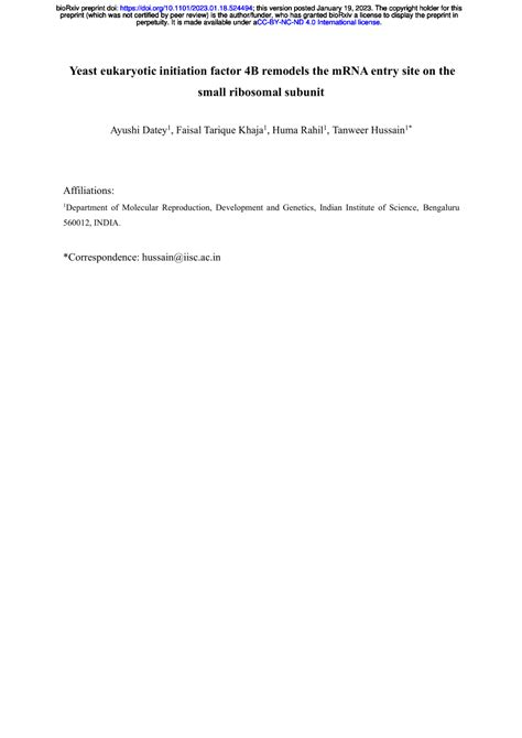 Pdf Yeast Eukaryotic Initiation Factor 4b Remodels The Mrna Entry Site On The Small Ribosomal