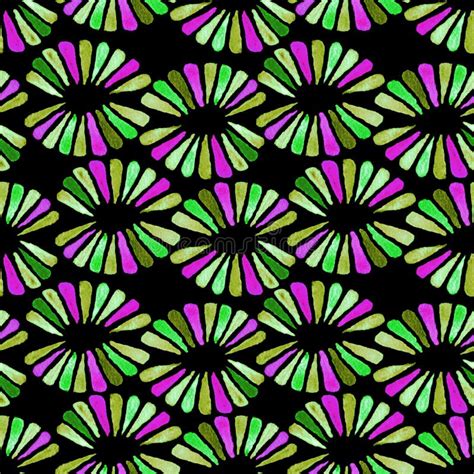 Seamless Watercolour Pattern With Retro Green 3 Colours Flowers On