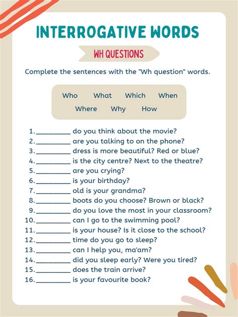 Beige Simple Interrogative Words Wh Questions English Worksheet Pdf