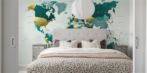 World Map Teal Gold Wallpaper Happywall