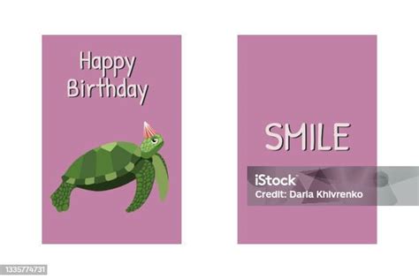 거북이 생일 인사말 카드 생일 축하 기호와 재미있는 따옴표 미소 개체 그룹에 대한 스톡 벡터 아트 및 기타 이미지 개체 그룹