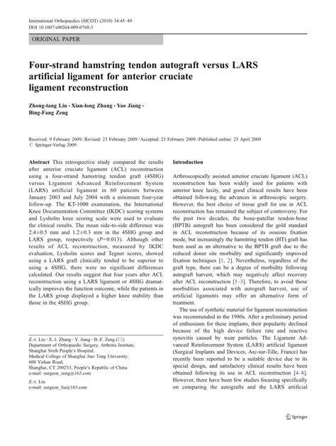 Pdf Four Strand Hamstring Tendon Autograft Versus Lars Artificial