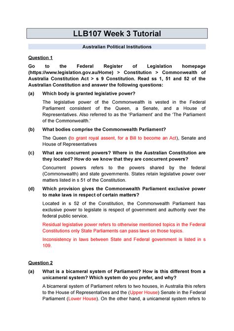 LLB107 Week 3 Tutorial 2 Australian Political Institutions LLB107