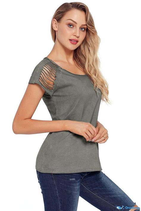 Gray Ripped Off Shoulder Tie Dye T Shirt Green Tie Dye Cold Shoulder