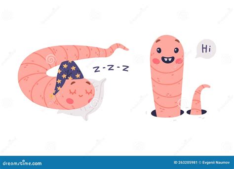 Funny Pink Worm Character With Long Tube Body Sleeping And Greeting