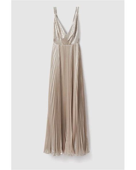 Halston Metallic Pleated Maxi Dress In Natural Lyst