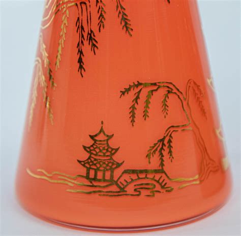 Oriental Vintage Orange Glass Vases With Gold Asian Pagodas Gay Fad