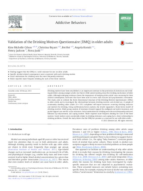 Pdf Validation Of The Drinking Motives Questionnaire Dmq In Older Adults