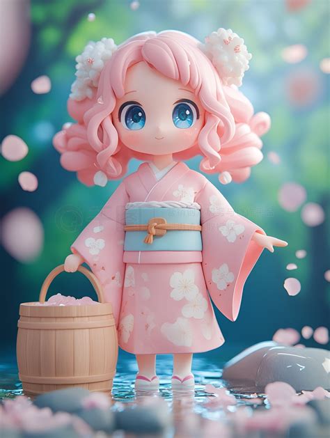 粉色和服ai数字艺术 桃桃萌系精灵ip设计卡通风儿童女孩穿粉色和服手持花桶微笑插画 Ai立体元素免费下载png格式2784像素编号71403304 千图网