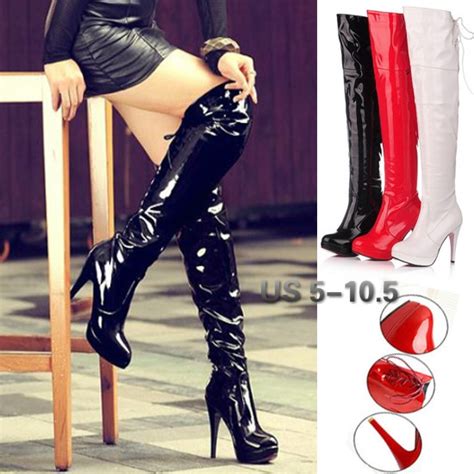 New Boots Female High Heeled Patent Leather Over The Knee Long Tube