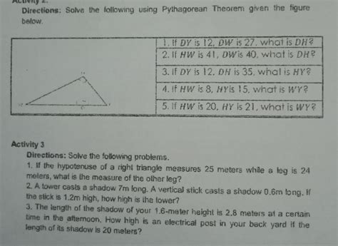 Solved Directions Solve The Following Using Pythagorean Theorem Given The Figure Below