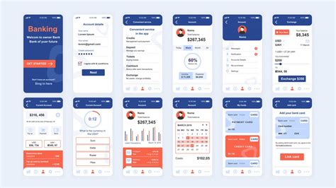 Ui Ux Gui 화면 뱅킹 앱 플랫 템플릿 세트 프리미엄 벡터