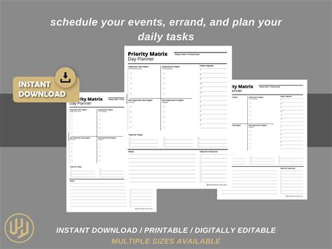 Priority Matrix Day Printable Planner Digital Planner Instant Download Planner Insert Daily