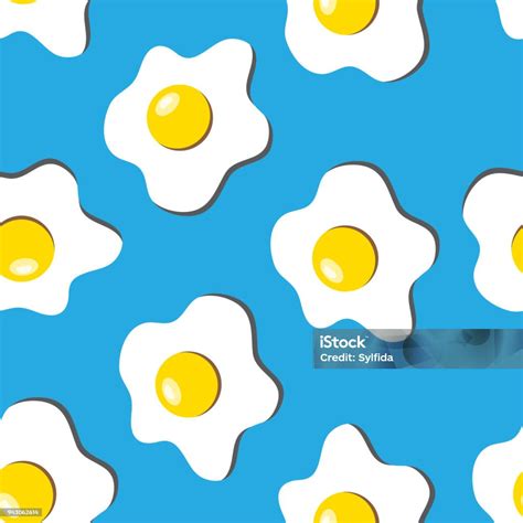 파란색 배경에 달걀 스크램블과 완벽 한 패턴입니다 벡터 일러스트 레이 션 계란 노른자에 대한 스톡 벡터 아트 및 기타 이미지 계란 노른자 귀여운 끓는 물에 삶기