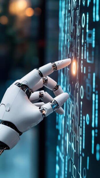 Robotic Hand Interacting With Digital Data Premium Ai Generated Image