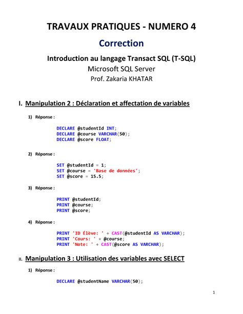 Tp4 T Sql Initiation Avec Correction 1 Travaux Pratiques Numero