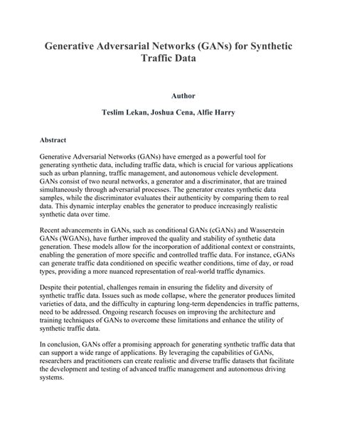 Pdf Generative Adversarial Networks Gans For Synthetic Traffic Data