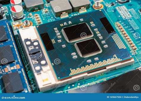 Computer Cpu Close Up On The Motherboard Background Socket Of Central Process Unit Connection