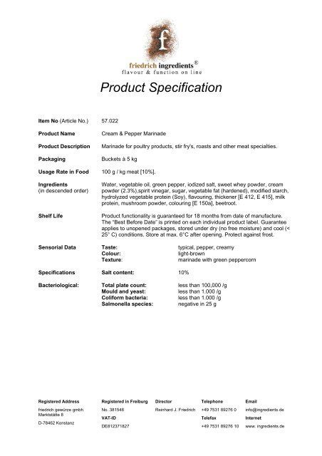 Product Specification Friedrich Ingredients