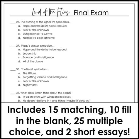 Lord Of The Flies Test And Final Exam Editable Assessment Answer Key