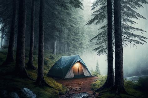 Premium Photo Camping In A Dark Foggy Forest Campfire Night Forest