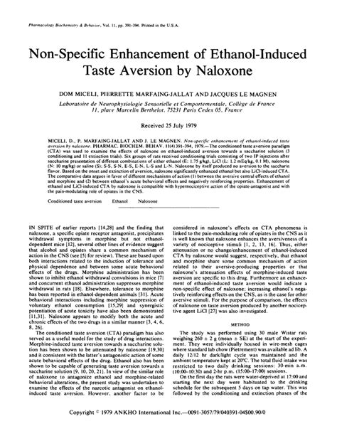 Pdf Non Specific Enhancement Of Ethanol Induced Taste Aversion By