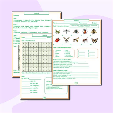 Рабочие листы по английскому языку для 5 класса Insects