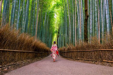 Mulher Em Yukata Tradicional Com O Guarda Chuva Vermelho Na Floresta De
