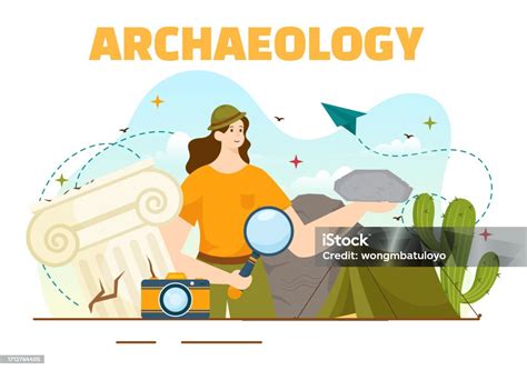 고대 유적 유물 및 공룡 화석의 고고학적 발굴이 포함된 고고학 벡터 일러스트레이션은 평평한 만화 손으로 그린 템플릿에 있습니다 건축에 대한 스톡 벡터 아트 및 기타 이미지