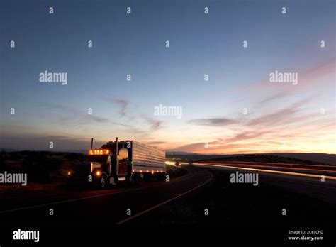 Classic American Big Rig Truck Pulled Off Interstate 15 At Dawn In The