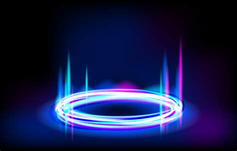 글로우 네온 서클 바닥에 파랗게 빛나는 반지 디스플레이 제품에 대한 추상적인 하이테크 배경 벡터 템플릿입니다 포털 프레임 미래 지향적인 개념 강단에 대한 스톡 벡터 아트 및