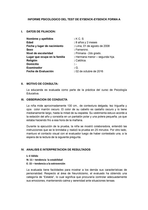 Informe Eysenck A INFORME PSICOLOGICO DEL TEST DE EYSENCK EYSENCK