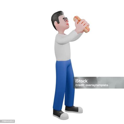 비디오 편집자를 위한 3d 만화 일러스트레이션 남성 영상 편집자가 핫도그를 먹으려는 듯 두 손을 들고 서 있다 캐릭터 디자인 3차원 형태에 대한 스톡 사진 및 기타 이미지