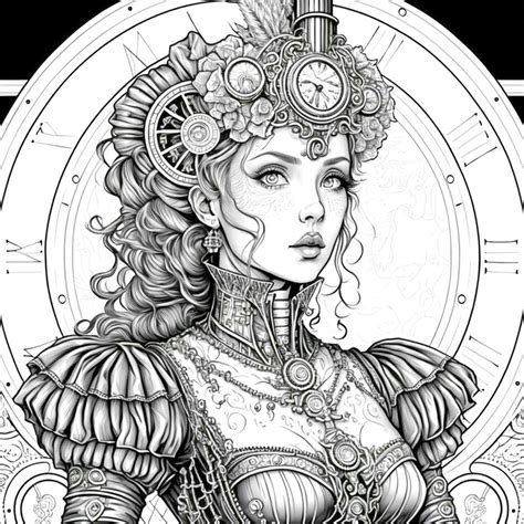 Steampunk Women Grayscale Coloring Pages For Adults Victorian Era