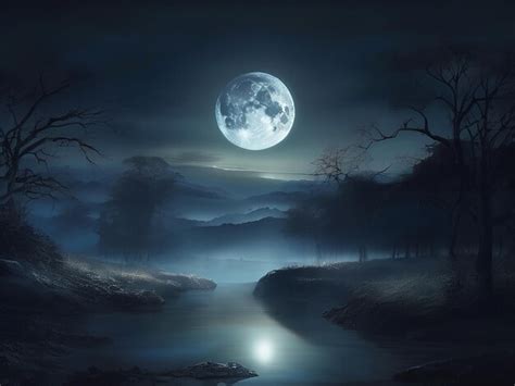 Spooky Moonlight Illuminates The Mysterious Dark Landscape Premium Ai