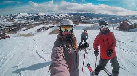 Premium Photo Three Friends Skiing Down A Snowy Slope On A Sunny Day