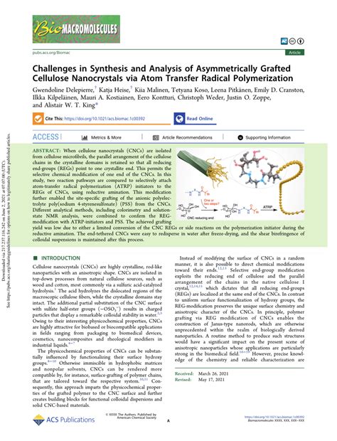 Pdf Challenges In Synthesis And Analysis Of Asymmetrically Grafted Cellulose Nanocrystals Via