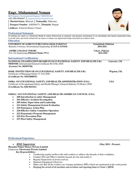 Cv Engr Muhammad Noman Pdf Occupational Safety And Health Safety