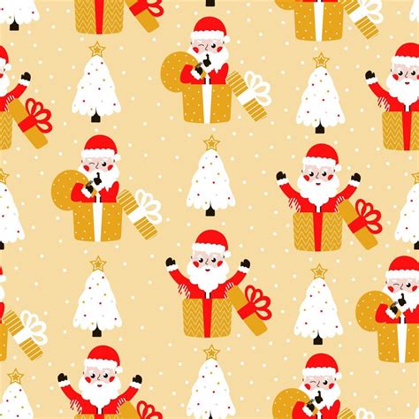 Seamless Christmas Pattern With Cute Santa And Christmas Tree On Yellow