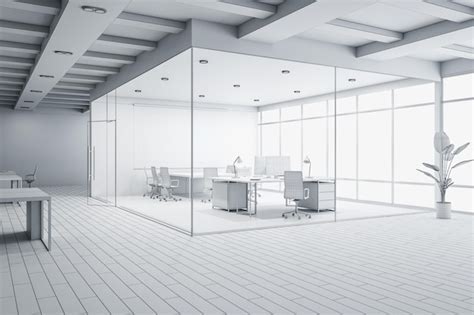 유리벽 뒤에 세련된 작업 공간과 탁 트인 창 3d 렌더링이 있는 현대적인 사무실 인테리어의 디자인 프로젝트에 대한 원근감