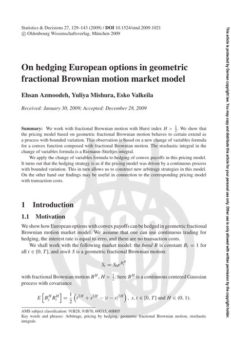 Pdf On Hedging European Options In Geometric Fractional Brownian