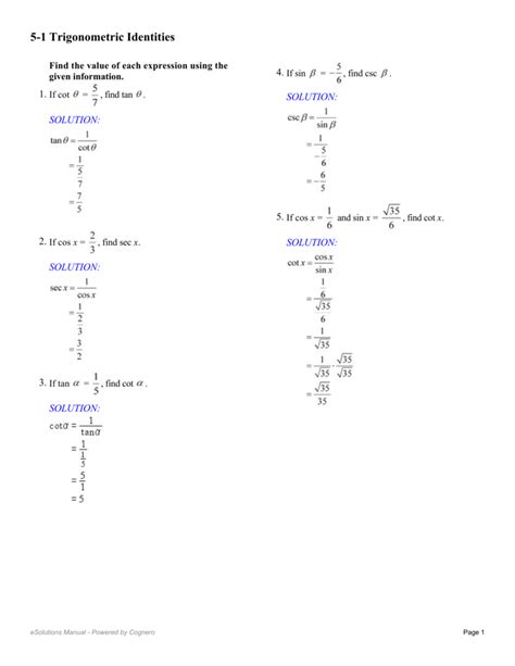 Trig Identities Worksheet With Answers E