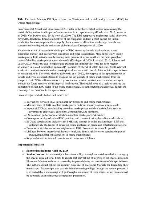 Pdf Electronic Markets Cfp Special Issue On Environmental Social And Governance Esg For