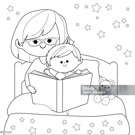 침대에서 책을 읽는 가족 벡터 흑백 색칠하기 페이지입니다 어머니에 대한 스톡 벡터 아트 및 기타 이미지 어머니 읽기