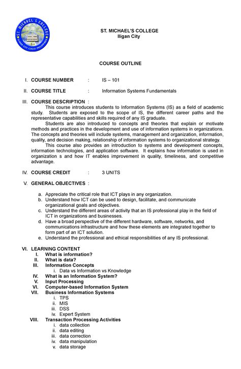 Is 101 Course Outline Syllabus Course Outline I Course Number Is
